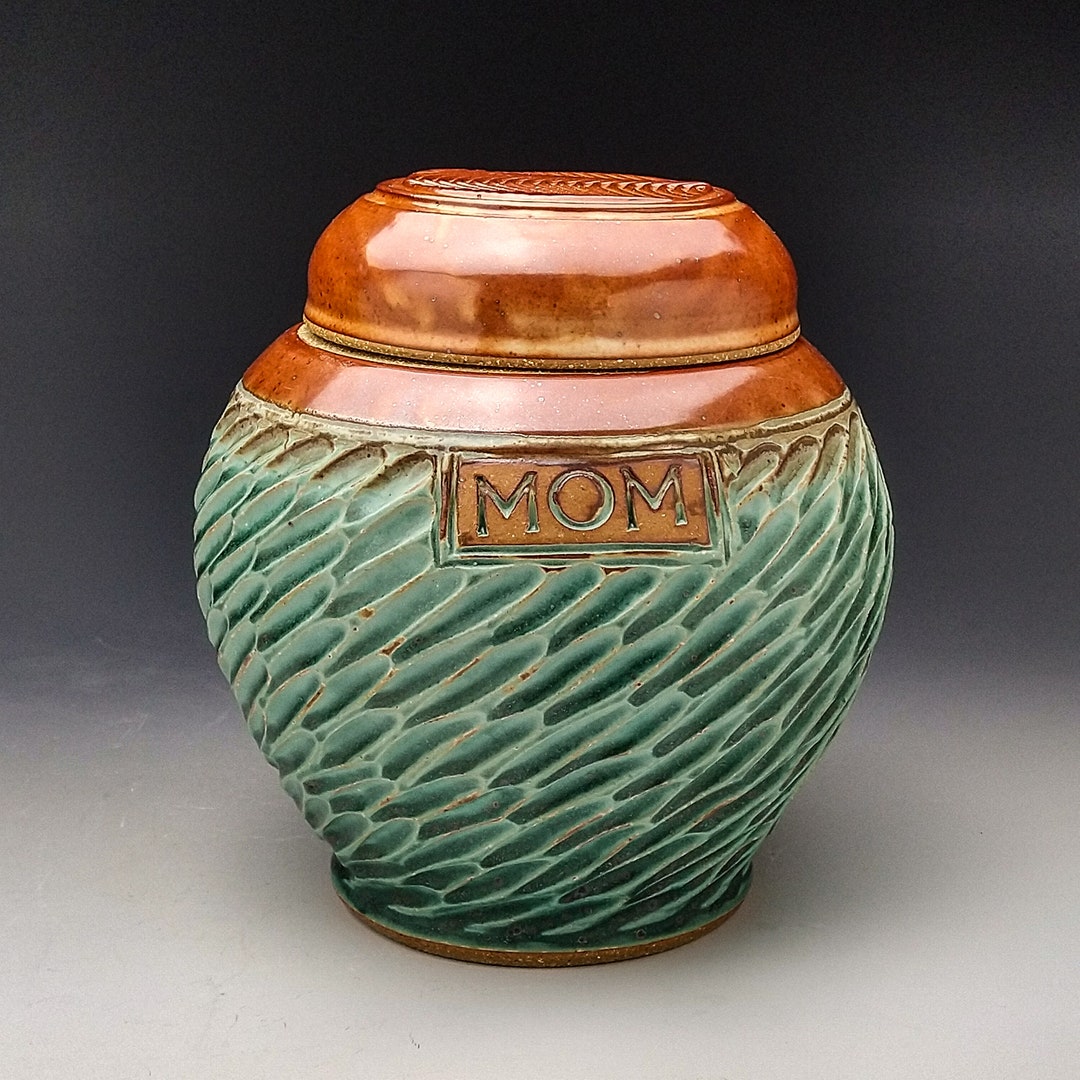 Lidded Funerary Urn With Name Plate. Aqua & Earth Tone- Made to Order ...