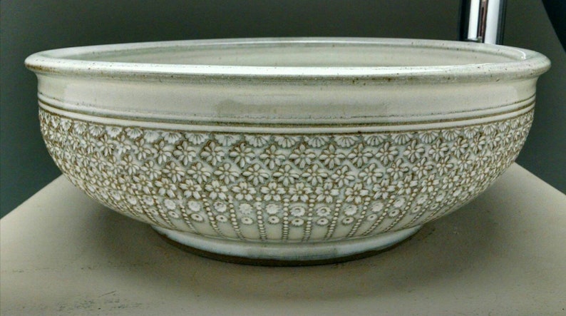 Handmade Pottery Vessel Sinks Mishima Stamped Design, White Glaze With ...