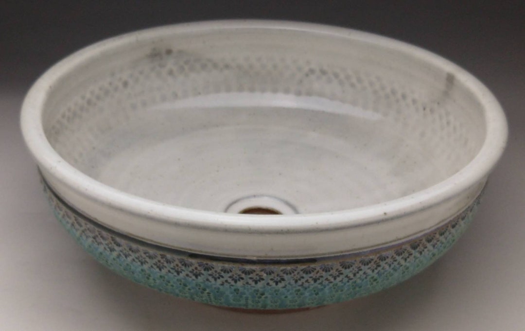 15cm X 40cm Handmade Pottery Vessel Sinks Mishima Stamped Design Aqua ...