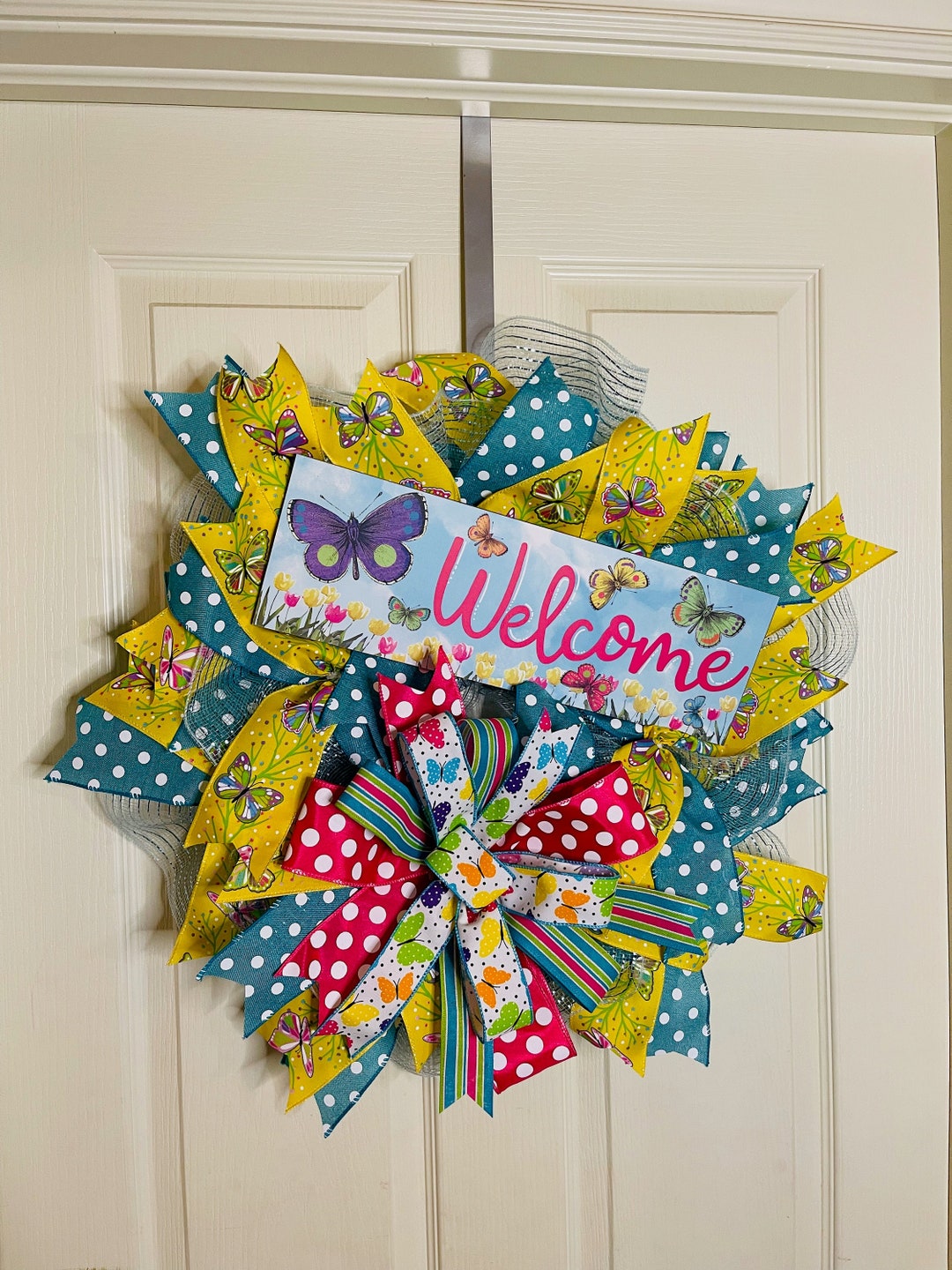 Butterfly Ribbon Wreath With Wood Welcome Sign, Handcrafted Spring Door ...