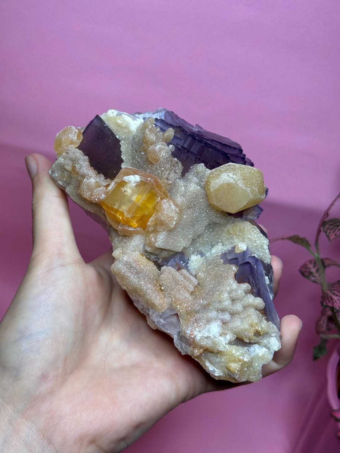Large Purple Fluorite Specimen With Golden Calcite and Sugar Quartz ...