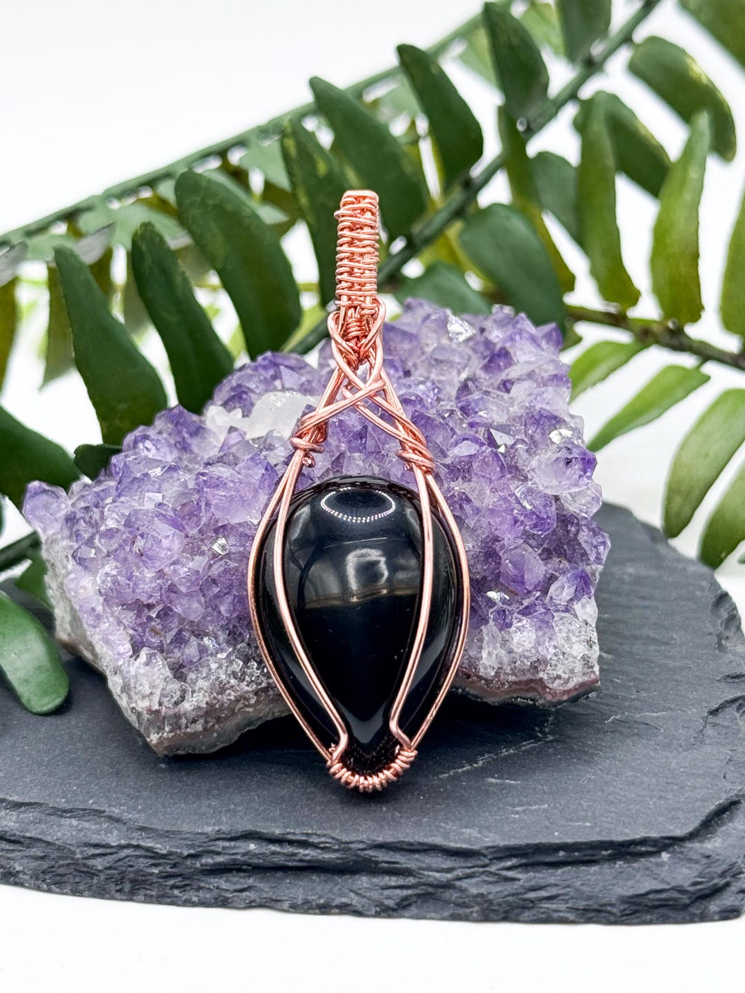 Black Obsidian Pendant, Copper Wire Wrapped Black Obsidian Pendant ...