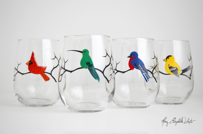 Cardinal Wine Glass, Red Birds Christmas Glassware, Stemless Wine ...