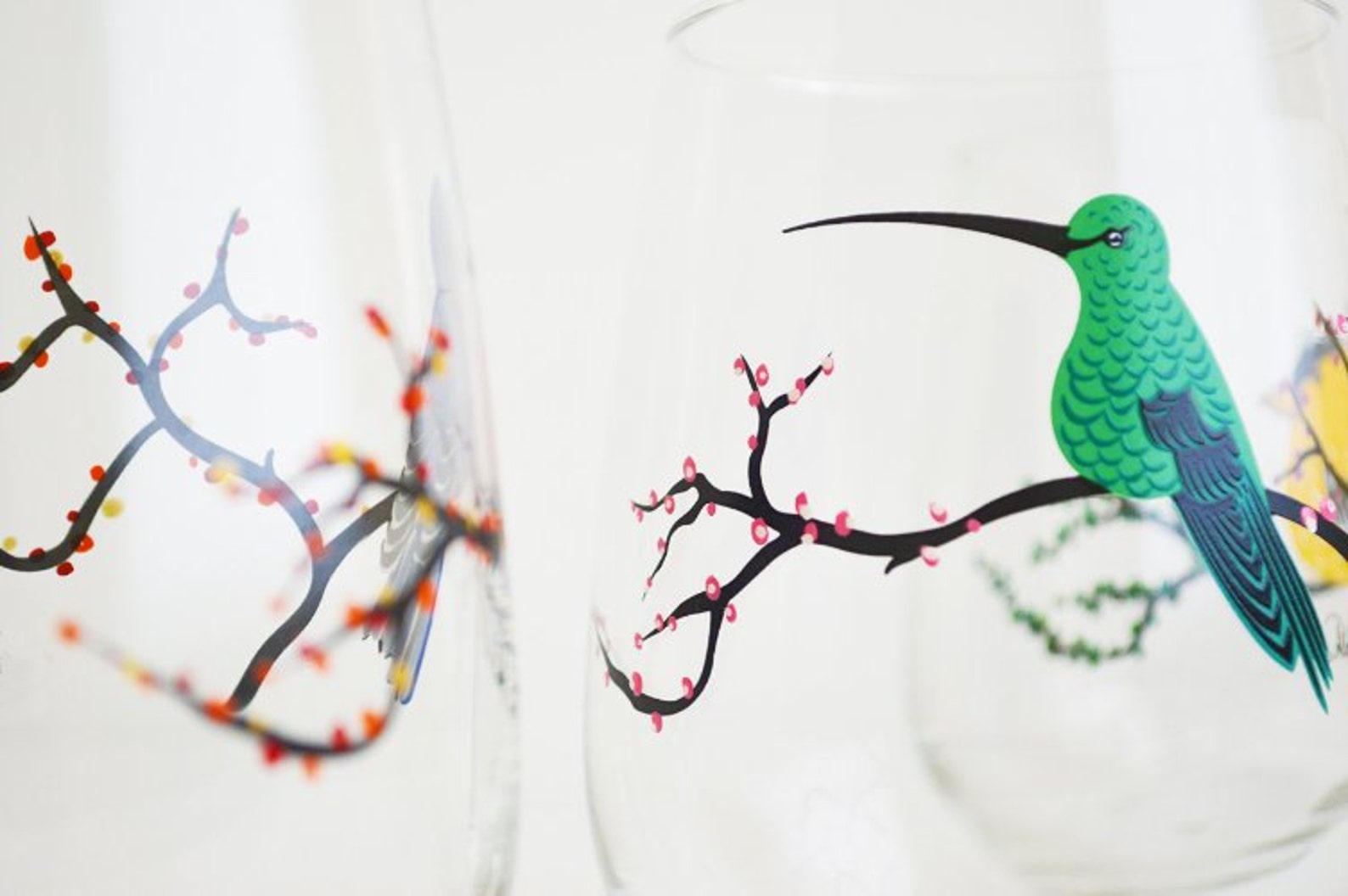 Glassware Four Seasons Birds Stemless Painted Wine Glasses | Etsy