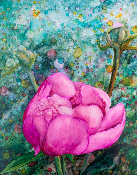 Original Pink Peony Painting Alcohol Ink Artwork 11 X 14 | Etsy