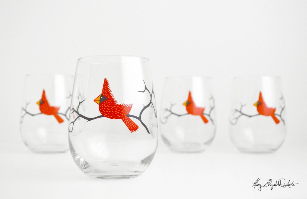 Cardinal Wine Glass, Red Birds Christmas Glassware, Stemless Wine ...