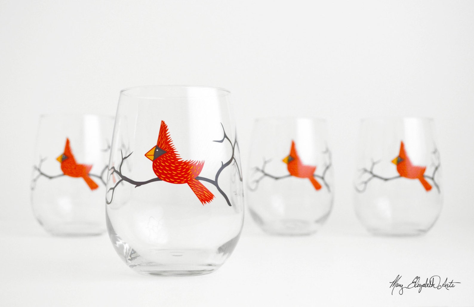 Cardinal Wine Glass, Red Birds Christmas Glassware, Stemless Wine ...