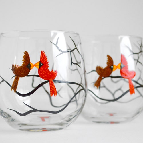 Red Cardinal Wine Glasses Set of 2 Red Bird Glasses | Etsy