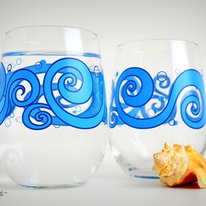 Ocean Waves Stemless Wine Glasses - Set of 4 Beach Themed Glassware ...