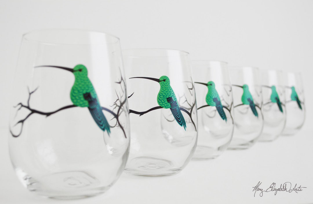 Green Hummingbird Stemless Glasses Set of 6 Hummingbird Glasses Mother ...