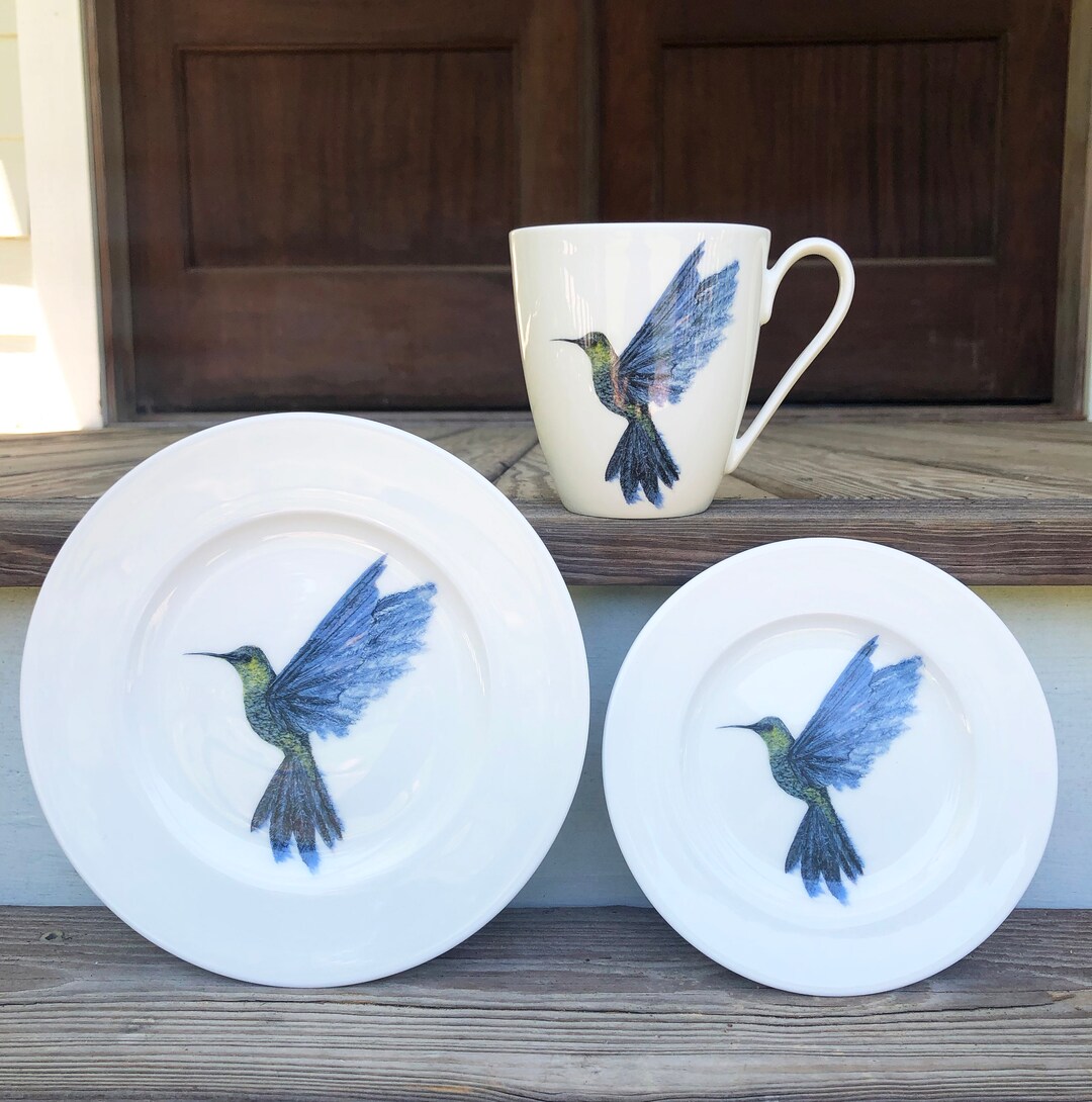 Hummingbird Teacup and Plate - Porcelain Rim Plates - Bird Lover Gift ...