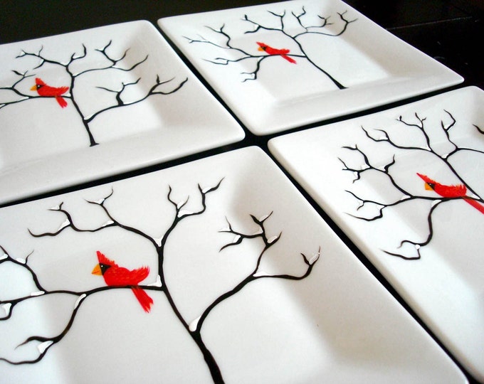 Red Cardinal Appetizer Plates 4 Piece Collection Christmas Plates - Etsy