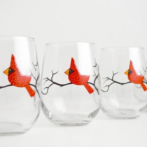 Cardinal Wine Glass, Red Birds Christmas Glassware, Stemless Wine ...
