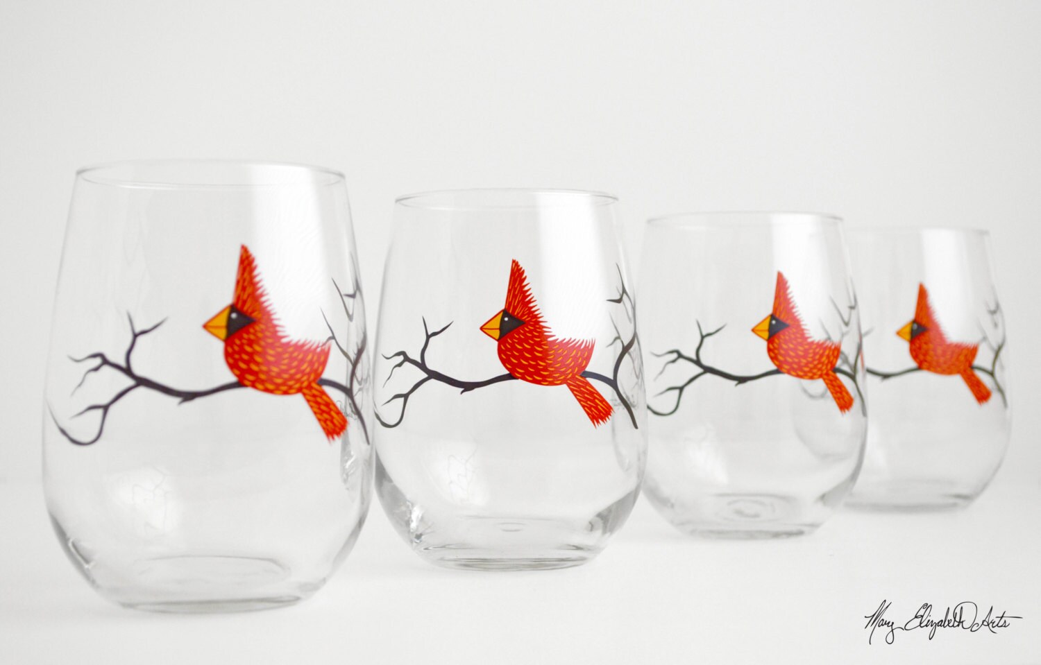 Cardinal Wine Glass, Red Birds Christmas Glassware, Stemless Wine ...