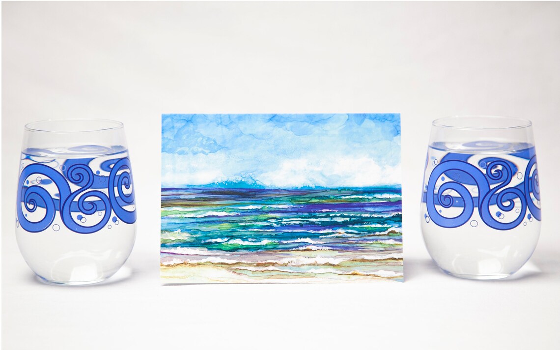 Ocean Waves Stemless Wine Glasses Beach Themed Glassware - Etsy