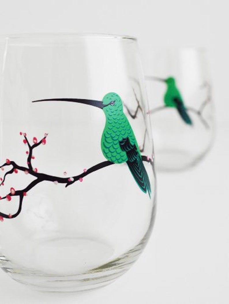 Hummingbird Glass Set of 2 Hand Painted Stemless Glasses | Etsy