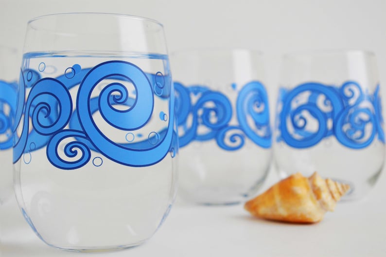 Ocean Waves Stemless Wine Glasses Beach Themed Glassware - Etsy