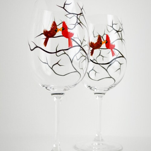 Red Cardinal Wine Glasses Set of 2 Red Bird Glasses | Etsy