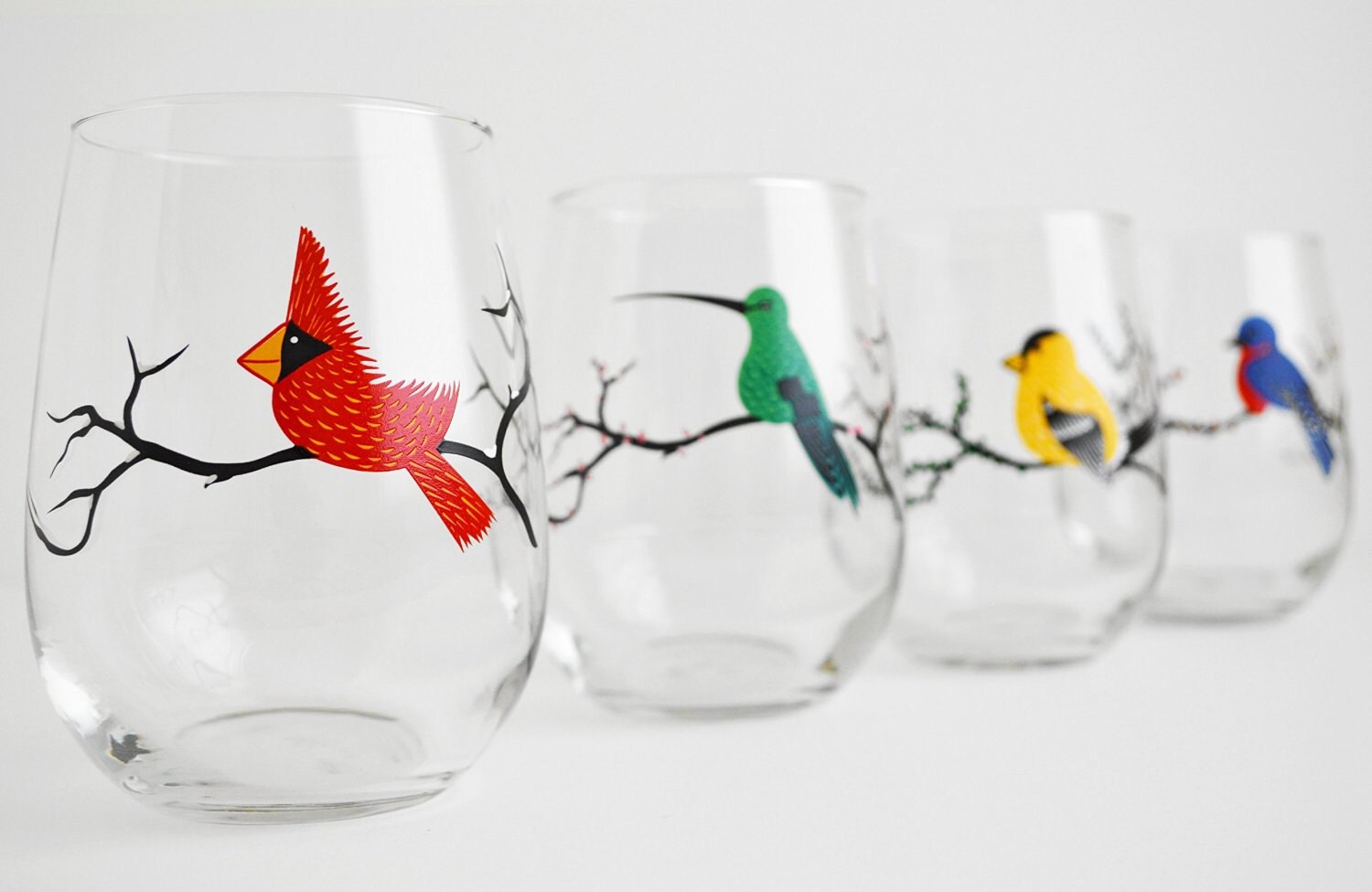 Glassware Four Seasons Birds Stemless Painted Wine Glasses | Etsy
