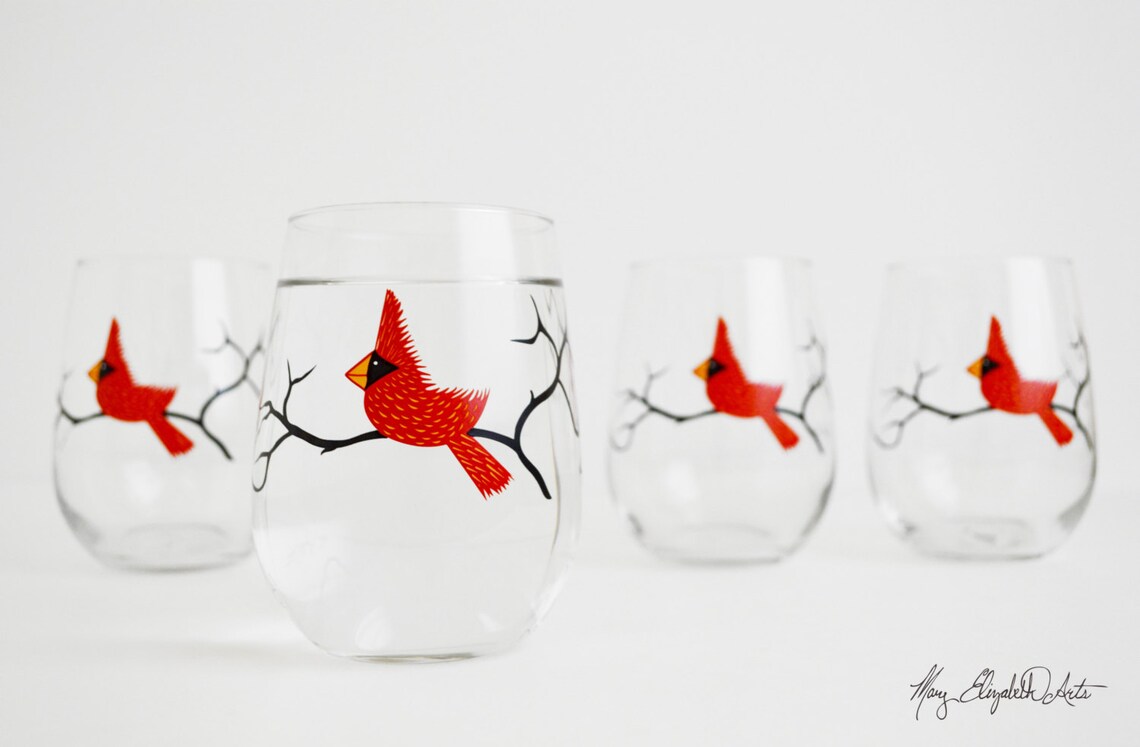 Cardinal Wine Glass, Red Birds Christmas Glassware, Stemless Wine ...