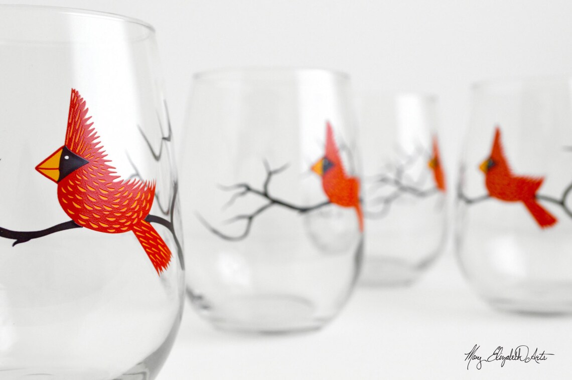 Cardinal Wine Glass, Red Birds Christmas Glassware, Stemless Wine ...