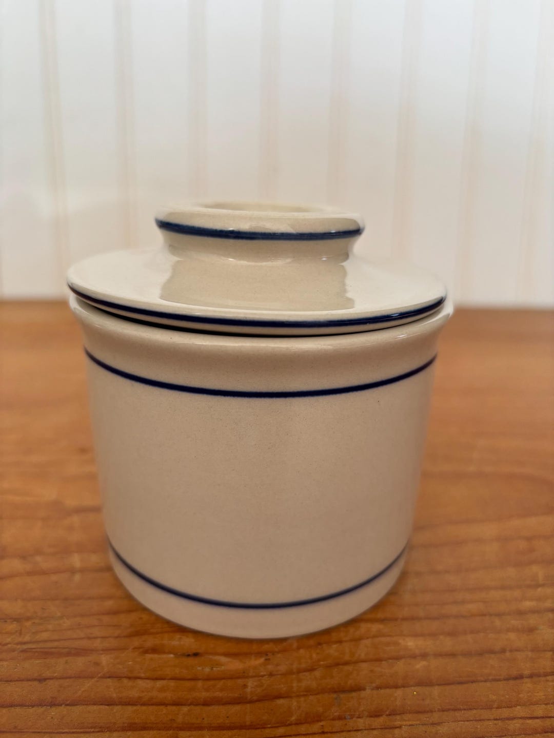 Vintage Norpro Stoneware Butter Keeper White With Blue Bands and Handle ...