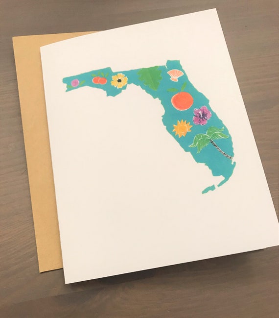Florida State Note Card Oranges Purple hibiscus Florida | Etsy
