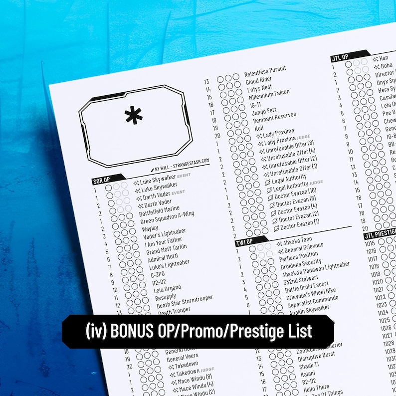 Star Wars Unlimited Checklist Printable Card List Minimal SWU Binder ...
