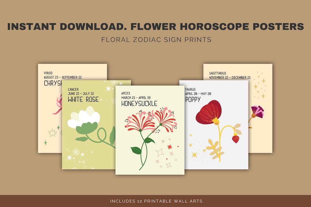 Zodiac Flower Prints Floral Horoscope Posters Star Signs Flower ...