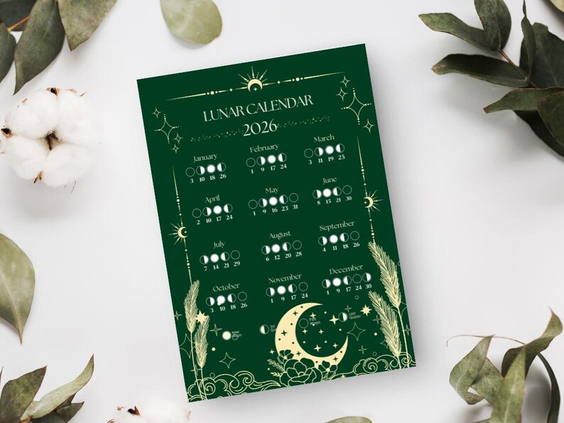 Lunar Calendar: Moon Phases for 2026 Dark Green Moon Printable Poster ...