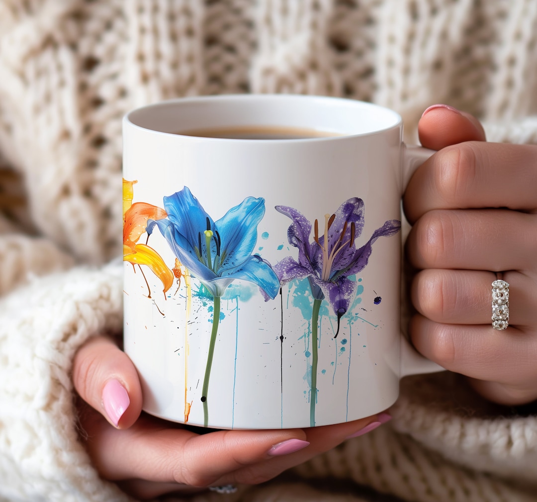 Lily Flower Mug, Paint Splatter Flowers, Boho Lily Cottagecore Coffee ...