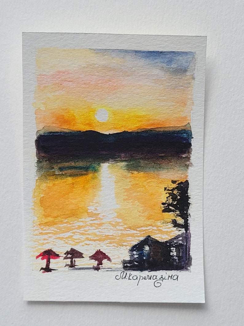 ORIGINAL Watercolor Painting ACEO Handmade Cards Small Lake Sunset ...