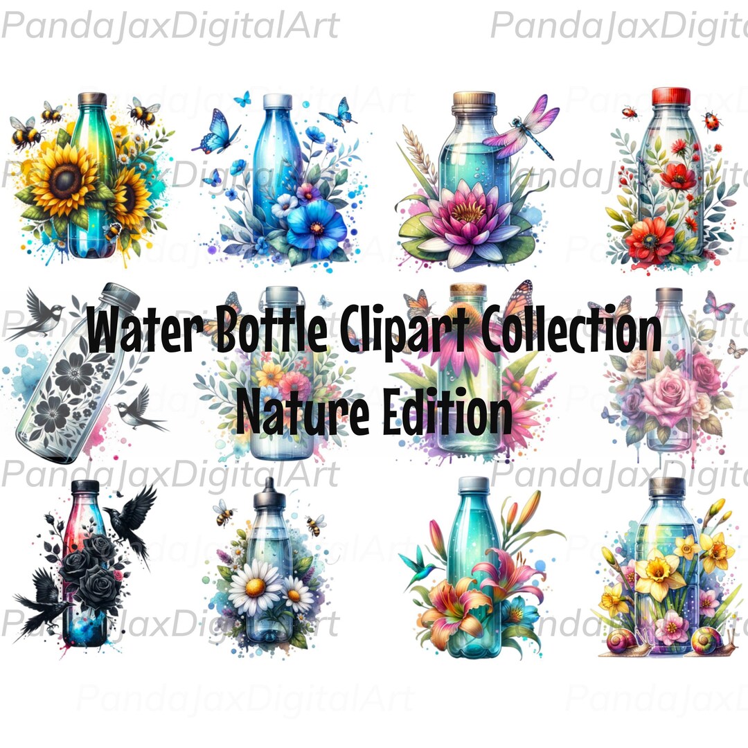 Water Bottle Clipart Bundle Set, Nature PNG Designs, Watercolor Floral ...