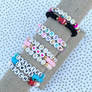 Personalized Teacher Bracelet Set- Heishi Stretch Bracelets With Your Choice of Bead Colors and ...