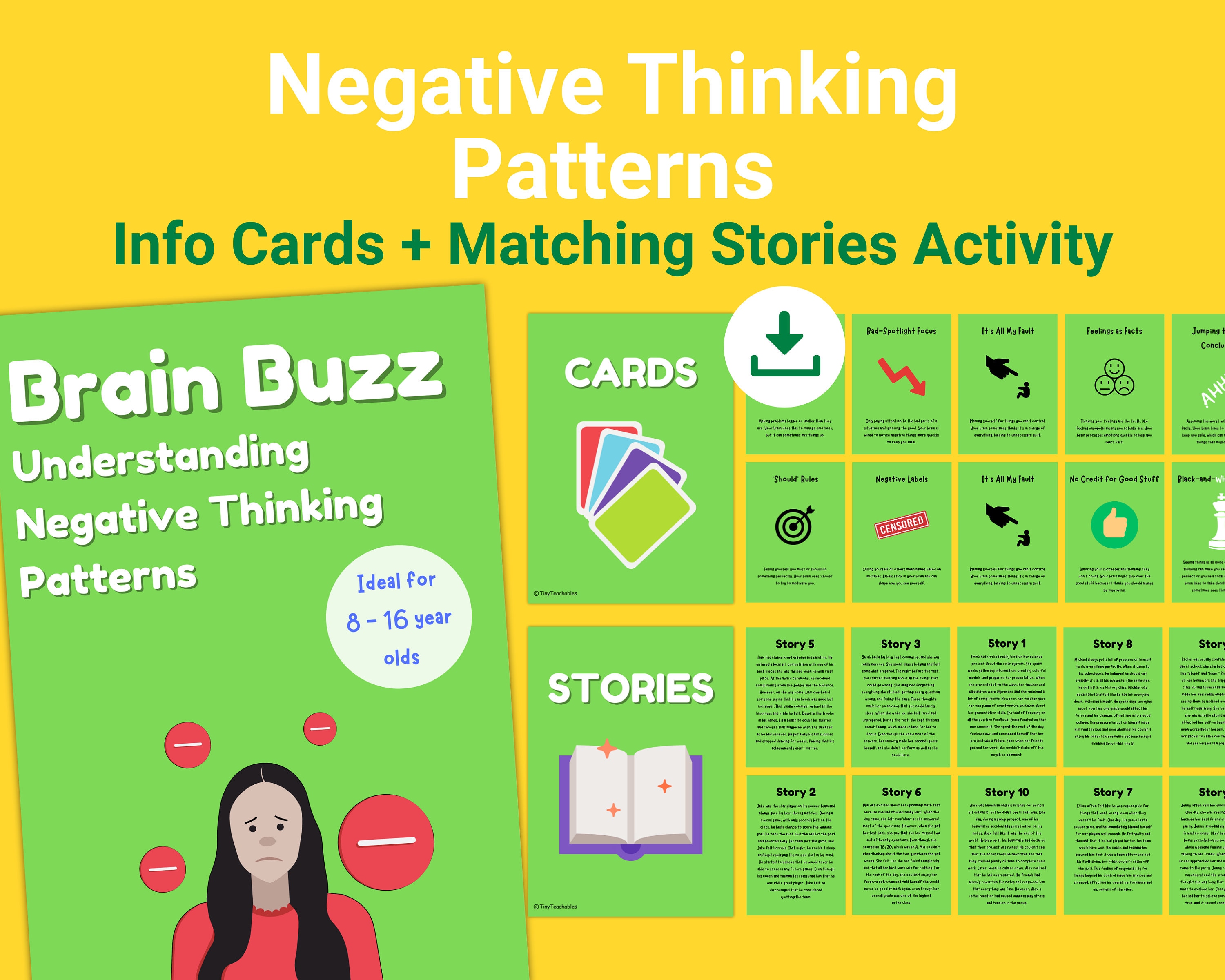 Negative Thinking Pattern Cards & Matching Stories Activity Kids Thinking Errors Cbt Cards ...