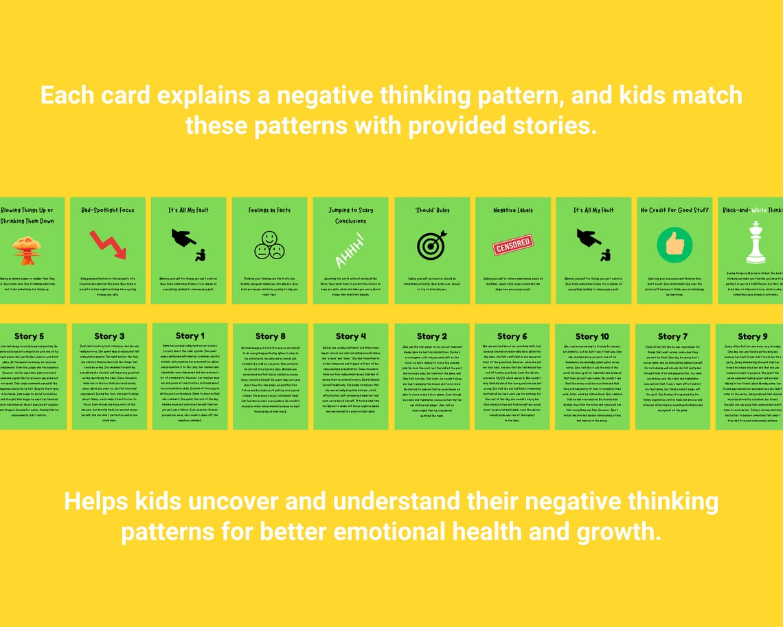 Negative Thinking Pattern Cards & Matching Stories Activity Kids ...