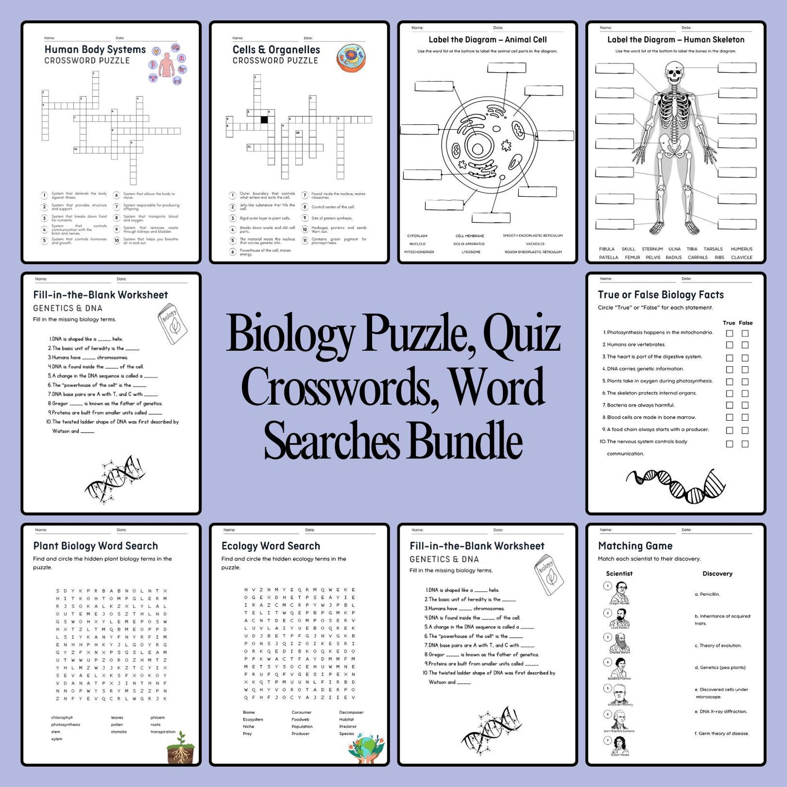 Biology Puzzle & Quiz Bundle – Crosswords, Word Searches, Quizzes ...