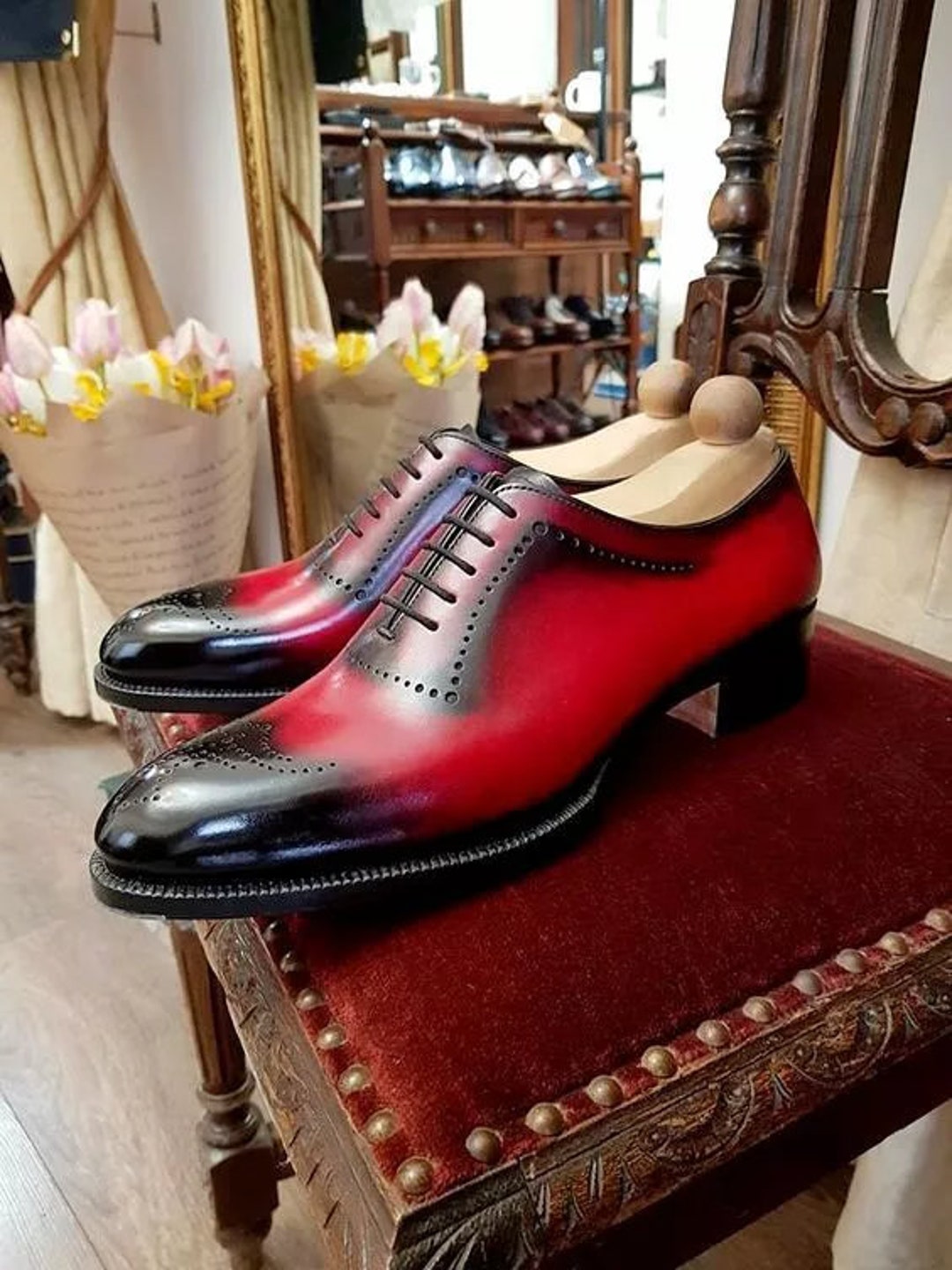 Handcrafted Men Red Patina Dress Shoes, Lace up Brogue, Leather Formal ...