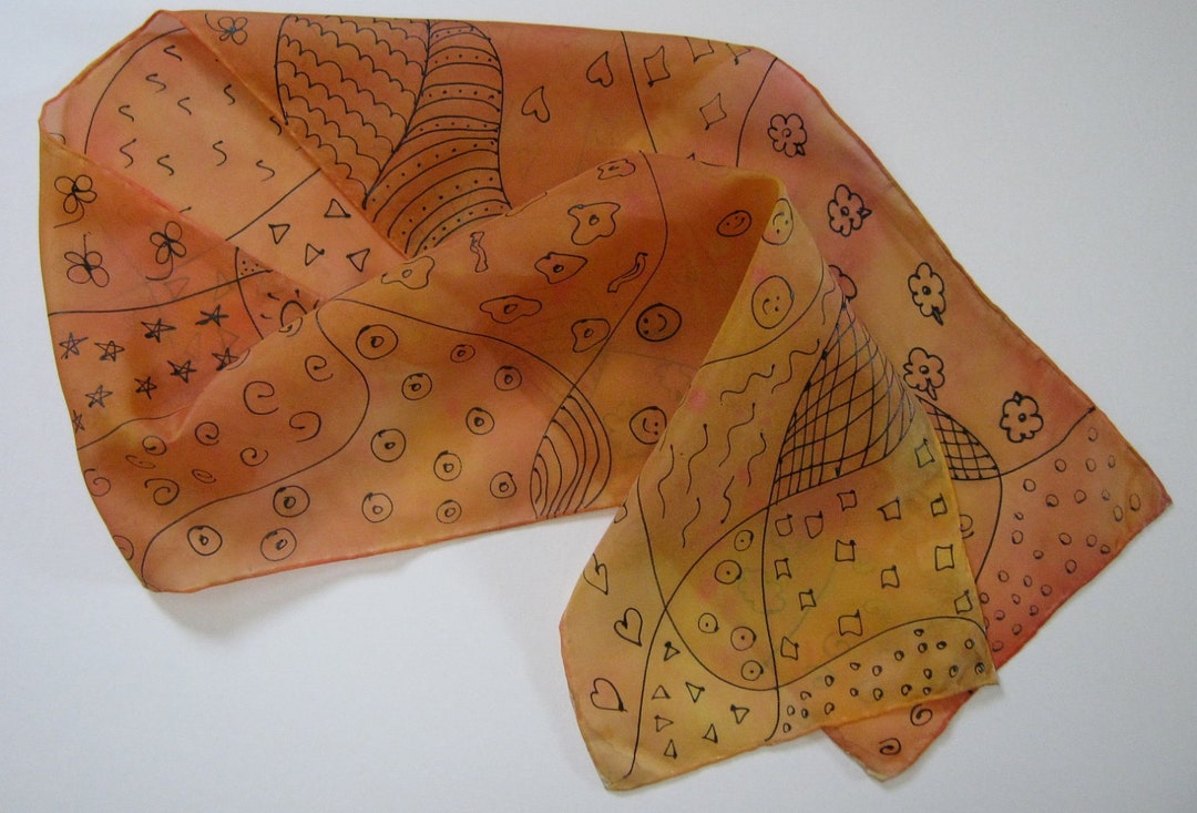Black/tan Doodle Silk Scarf - Etsy