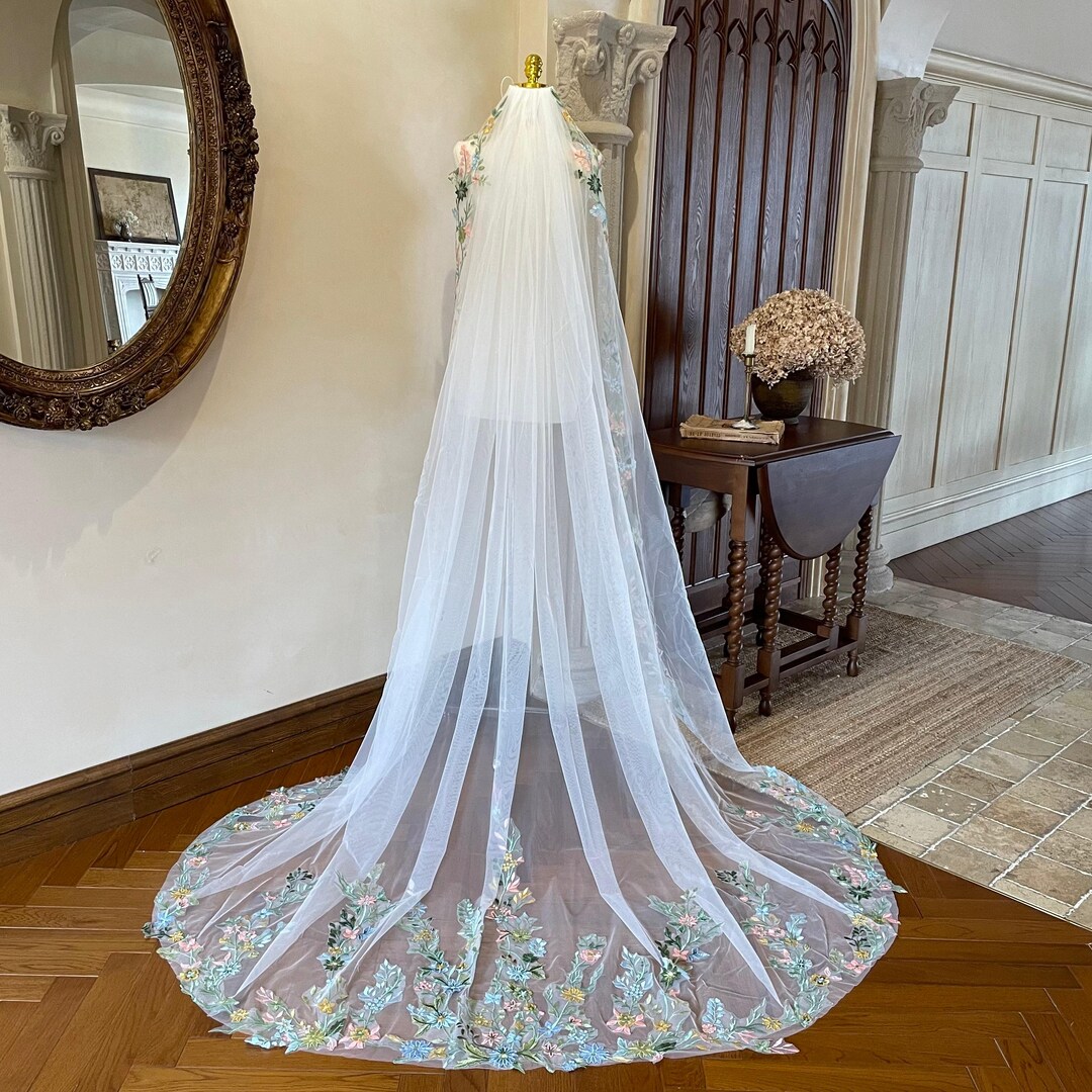 Colorful Floral Lace Black Tulle Veil, Botanical Blue Pink Lace Veil ...