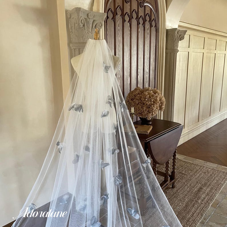Vintage Gray-blue Flower Wedding Veil,floral Soft Tulle Custom Fairy ...