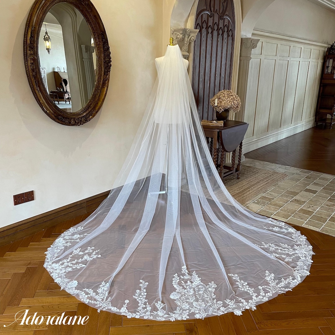 Wildflower Lace Ivory Tulle Long Veil, Embroidered Soft Veil,elegant ...