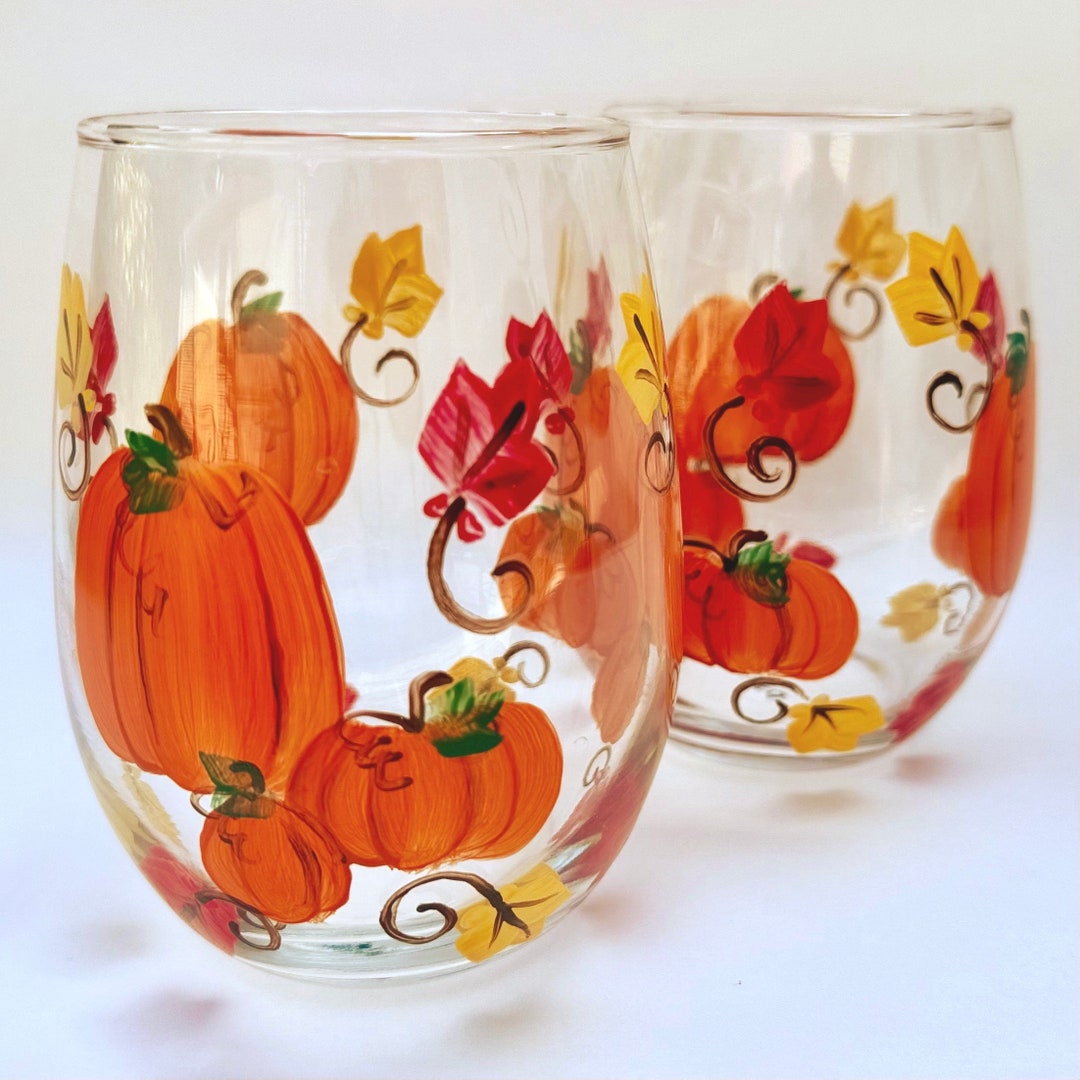 Fall Pumpkins Hand Painted Wine Glasses, Set of 2. Halloween ...