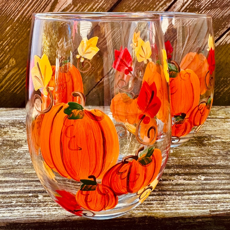 Fall Pumpkins Hand Painted Wine Glasses, Set of 2. Halloween ...