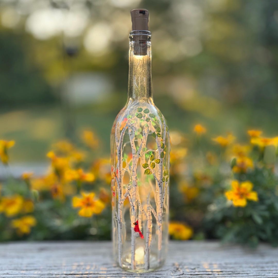 Hand Painted Four Season Birch Tree Wine Bottle Light: Floral Decor ...