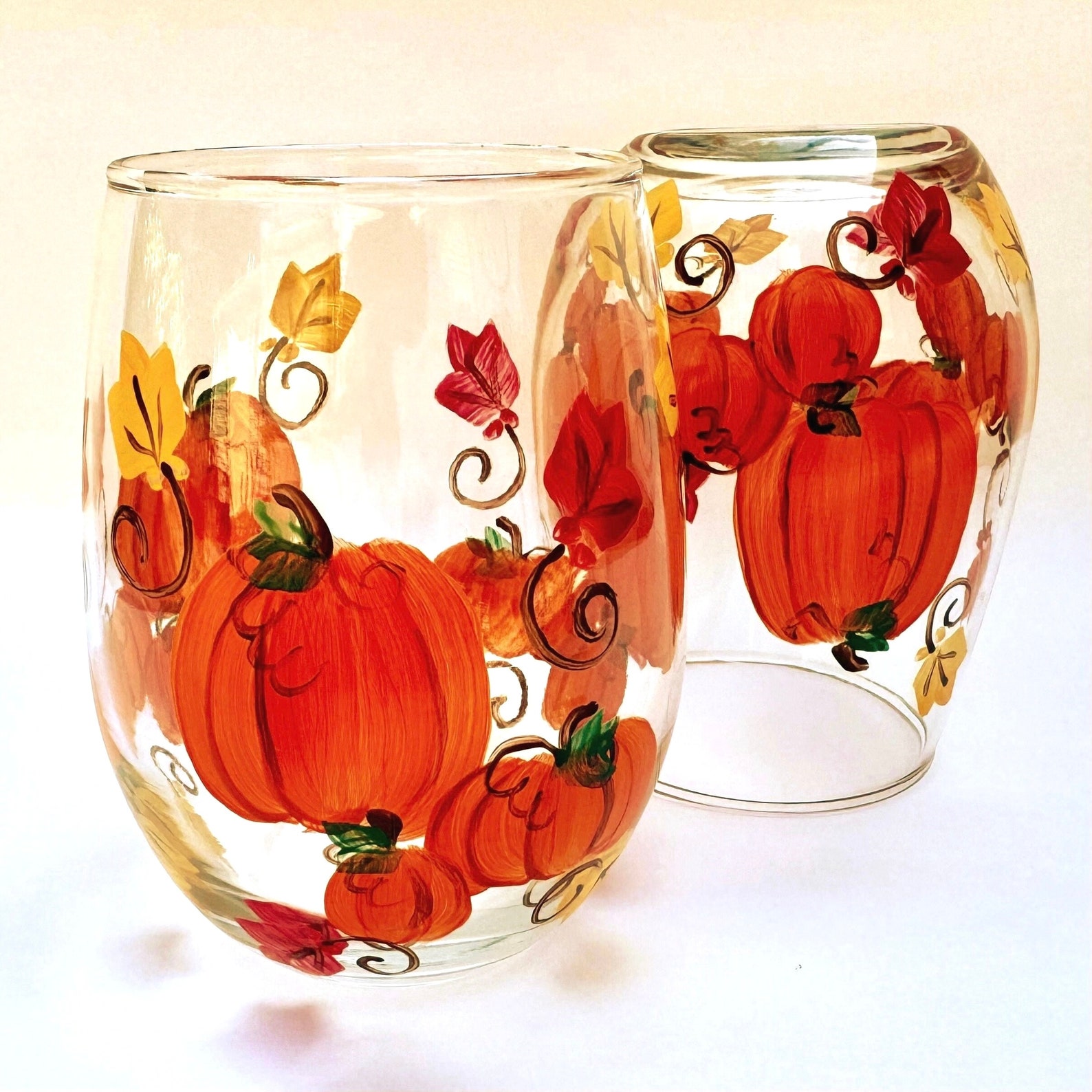 Fall Pumpkins Hand Painted Wine Glasses, Set of 2. Halloween ...