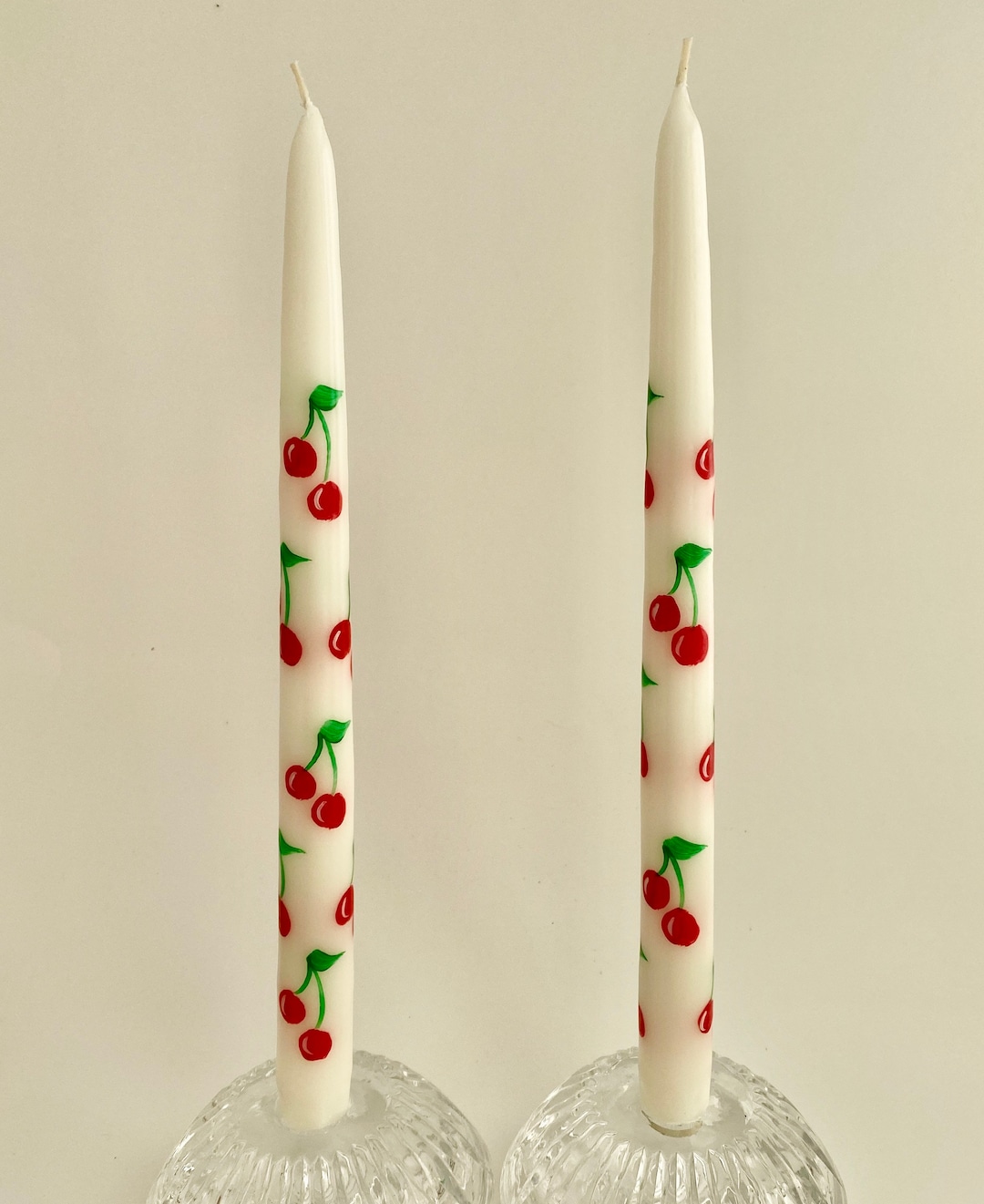 Taper Candles Hand Painted Cherries With Leaves. Slow Burning 12 Inch With Cotton Wick. Gift for ...