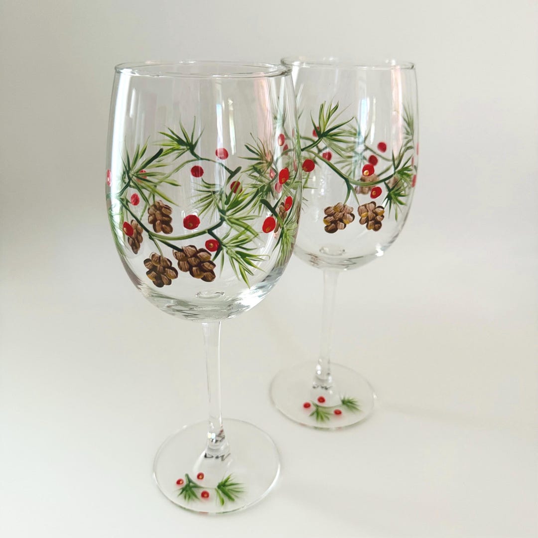 Christmas Painted Wine Glasses, Set of 2. Hand Painted With Pine Cones ...