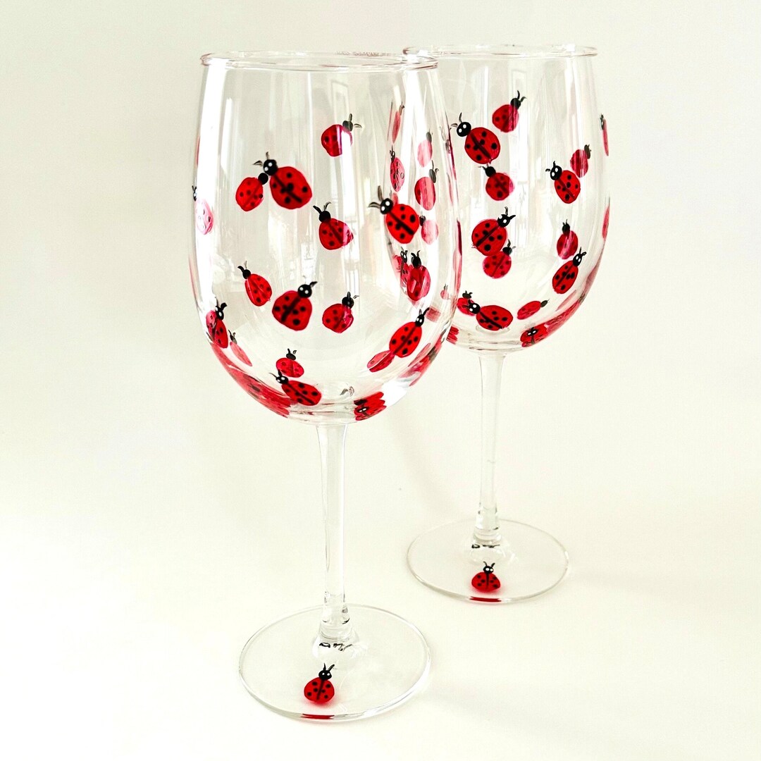 Hand Painted Ladybug Wine Glasses - Minimalist Set of 2 - Etsy