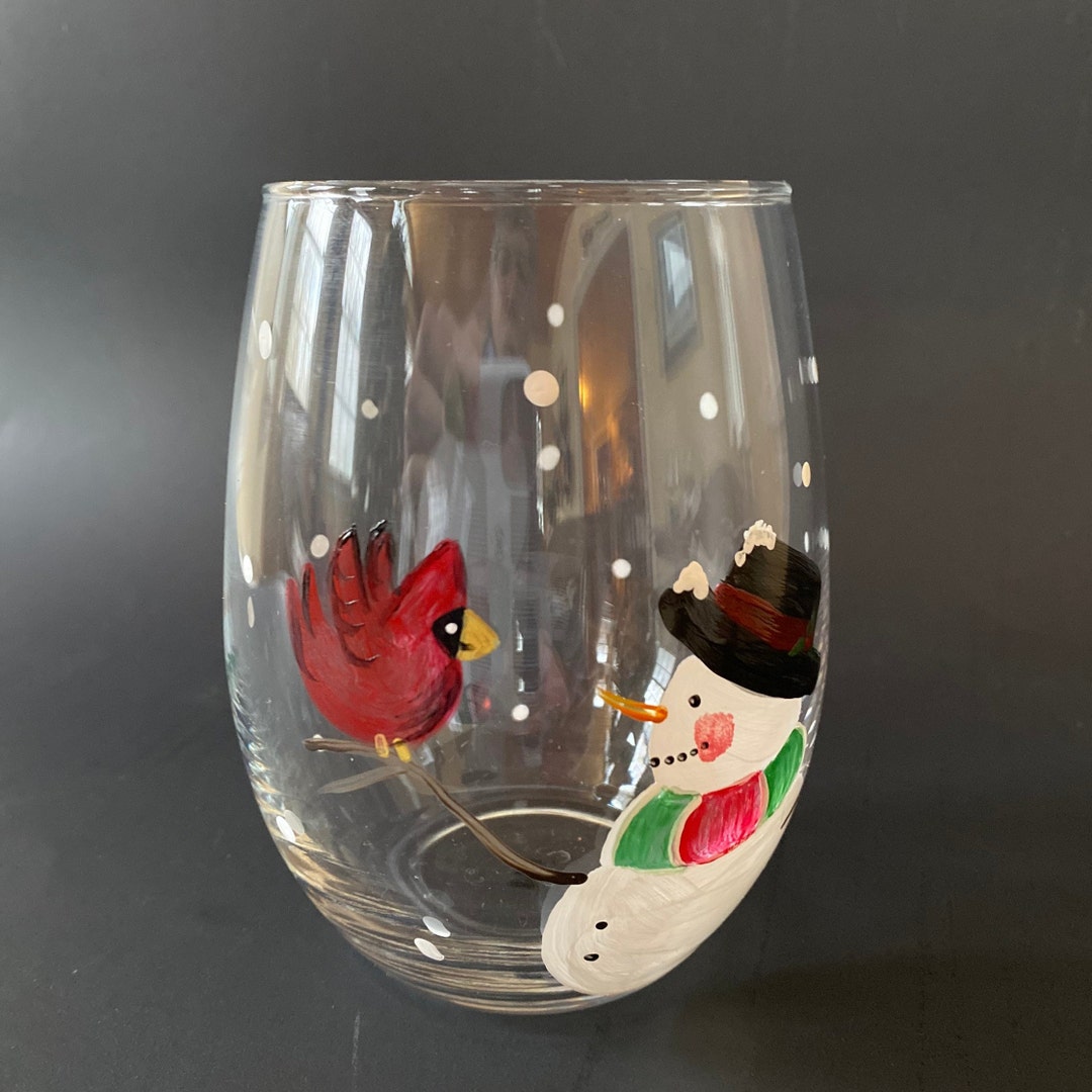 Cardinal Snowman Wine Glass, Hand-painted Stem or Stemless, Memorial ...
